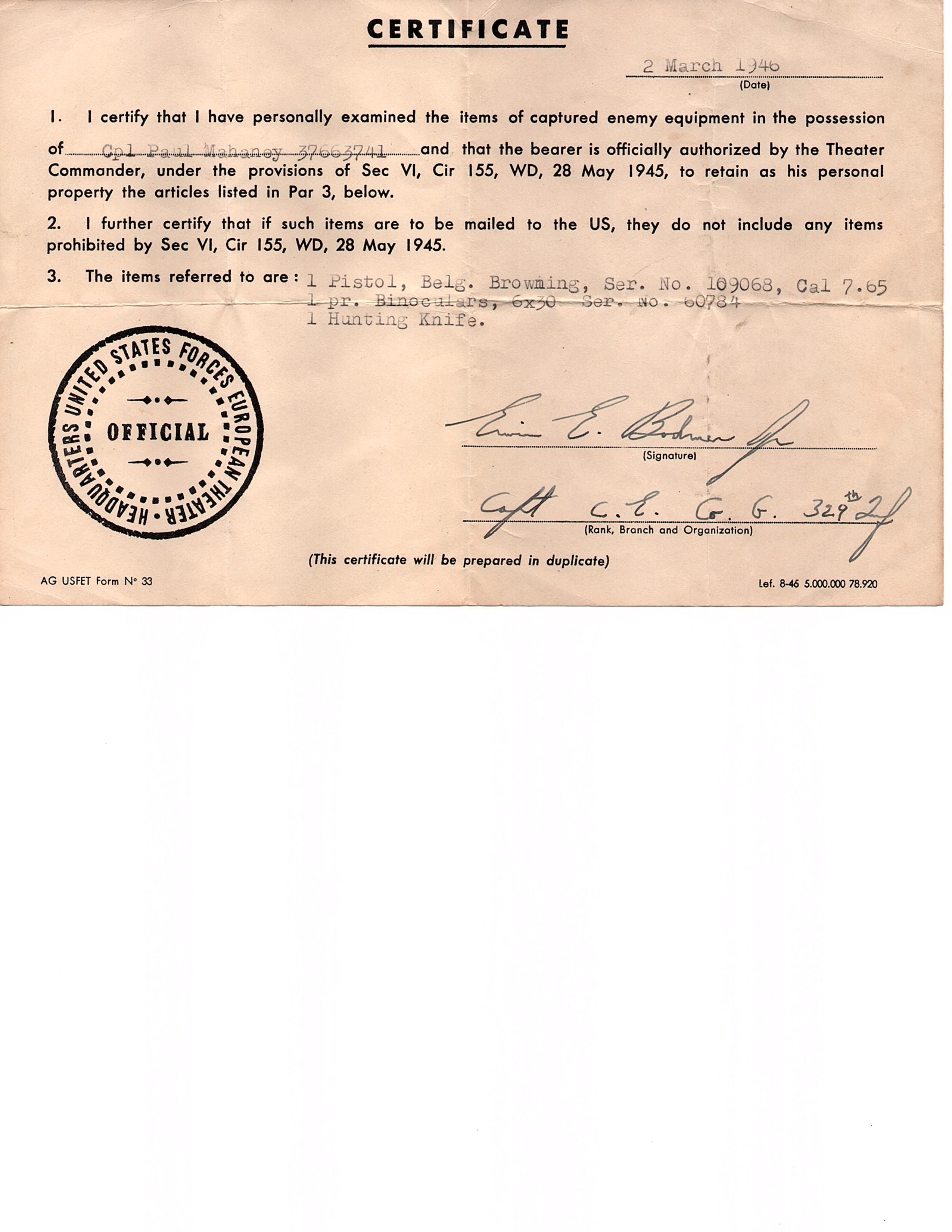 WWII World War II Nazi German Occupation FN 1922 Pistol Capture Paper ...