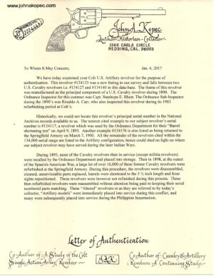 Colt SAA Single Action Army Artillery .45 Kopec Letter Antique 020 ...