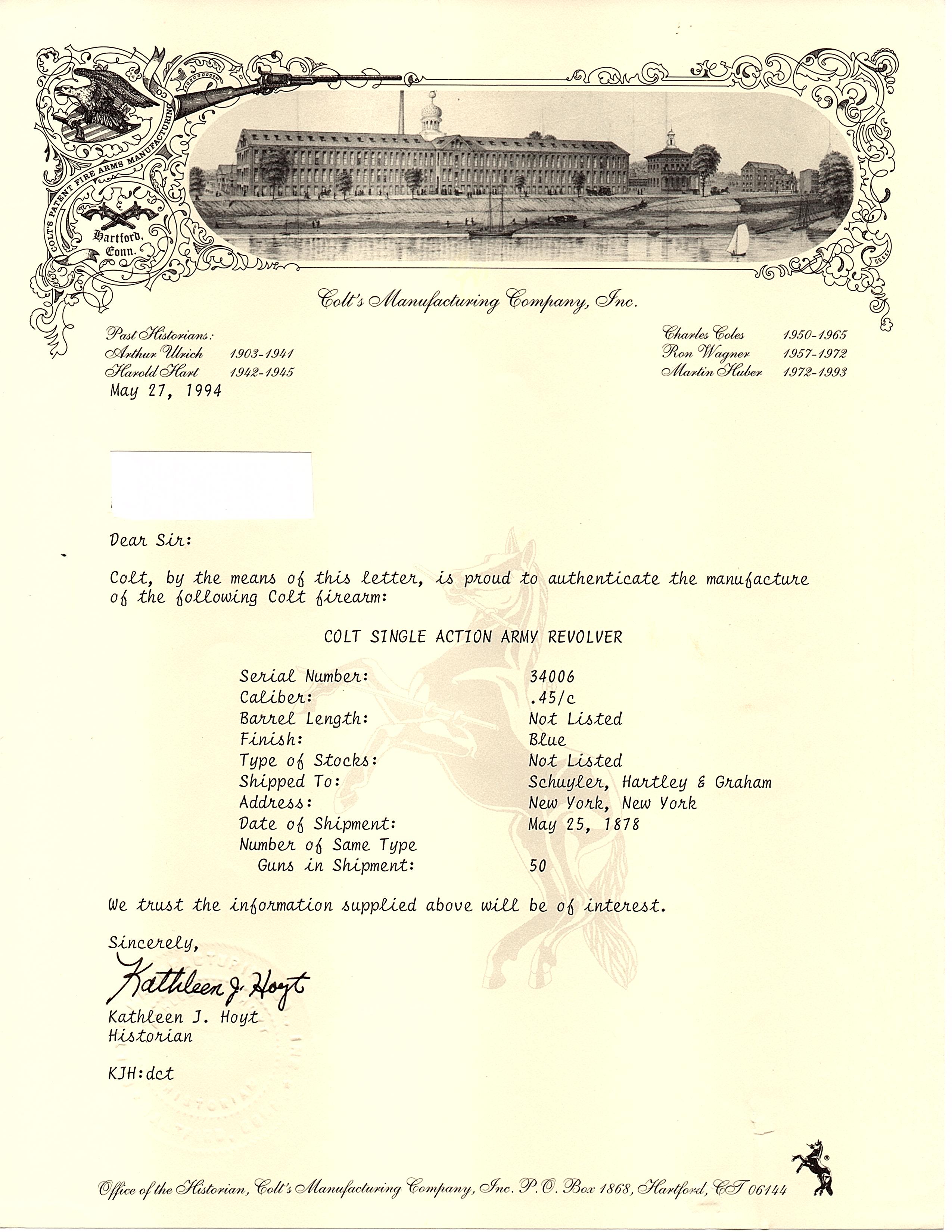 Colt Single Action Army Revolver 45 Long Colt with Factory Letter C&R ...