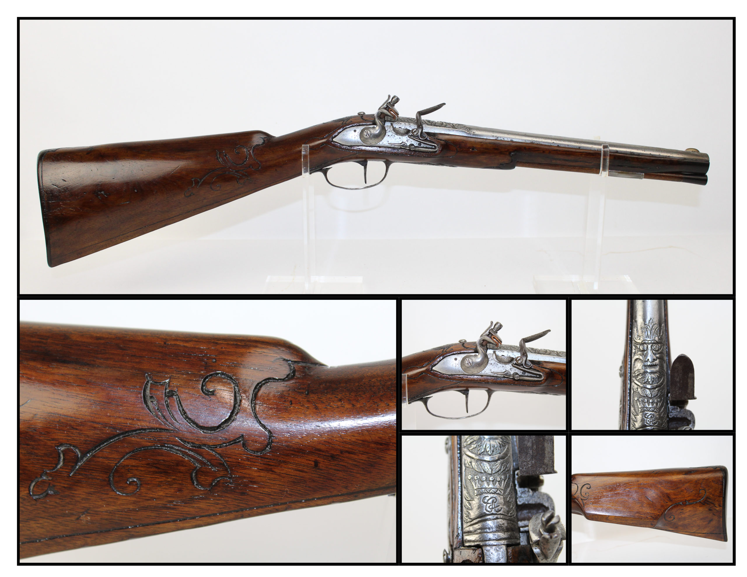 1Collage 18th Century Carved and Engraved Flintlock Carbine | Ancestry Guns