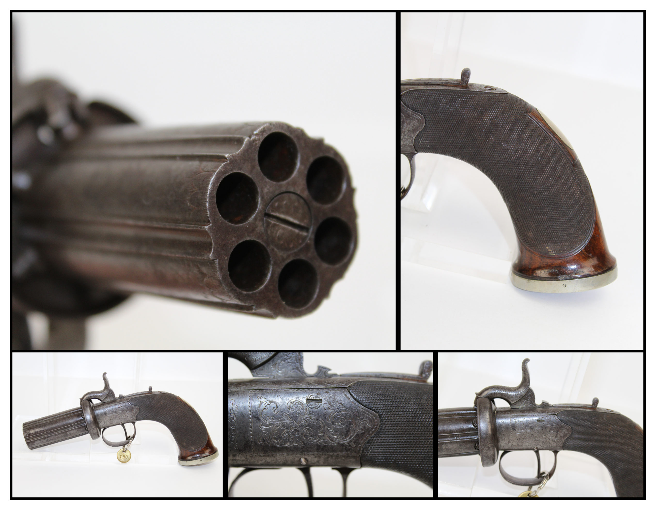 Collage Engraved English Center Hammer Percussion Pepperbox Pistol ...