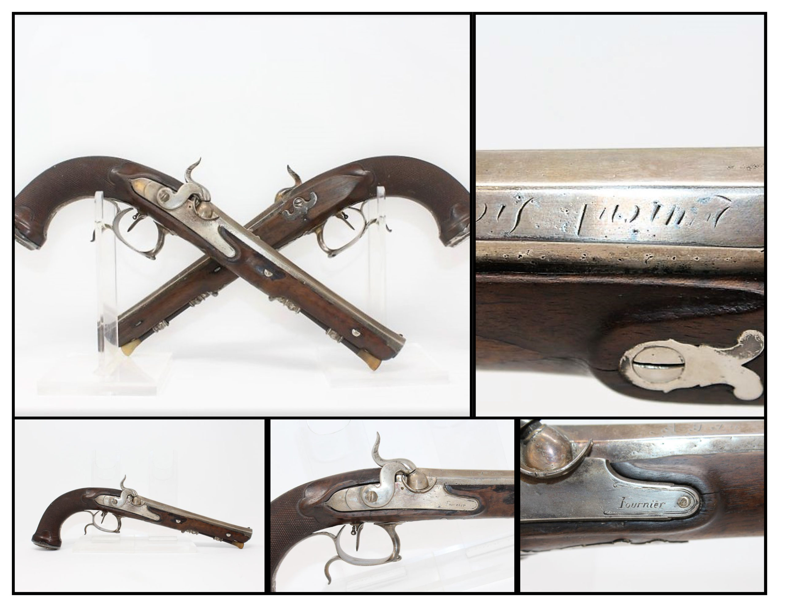 Collage Framed Pair of Foumier Marked French Pistols | Ancestry Guns