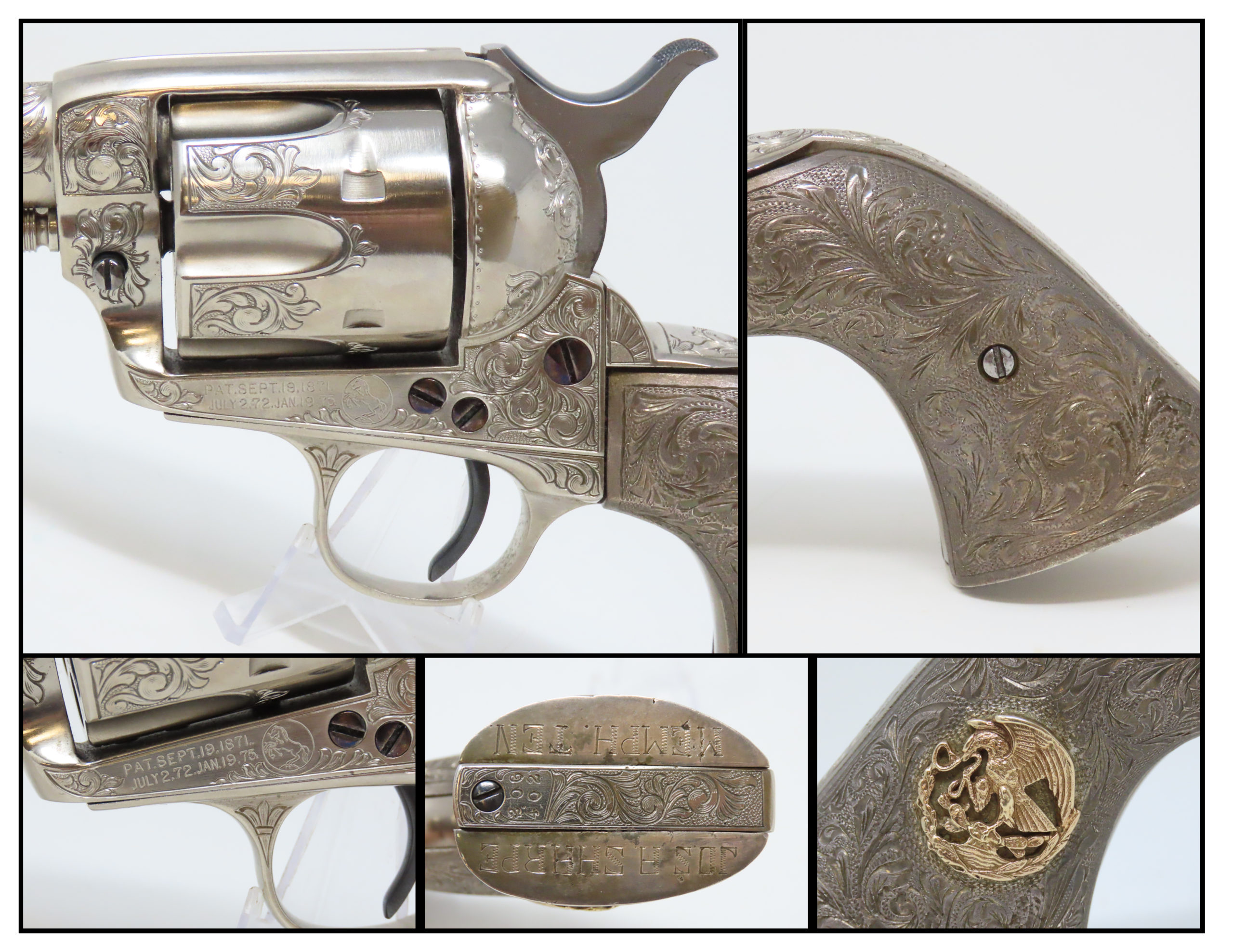 collage engraved colt saa solid silver grips revolver | Ancestry Guns