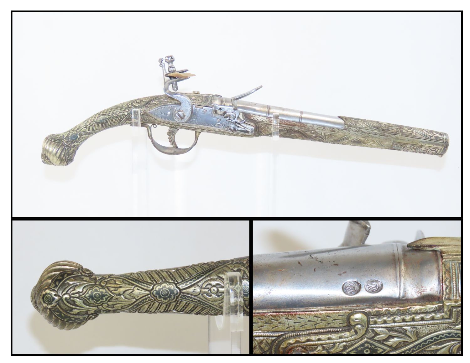 Ornate Mediterranean All Metal Flintlock Pistol with Niello Accents 2.3 ...