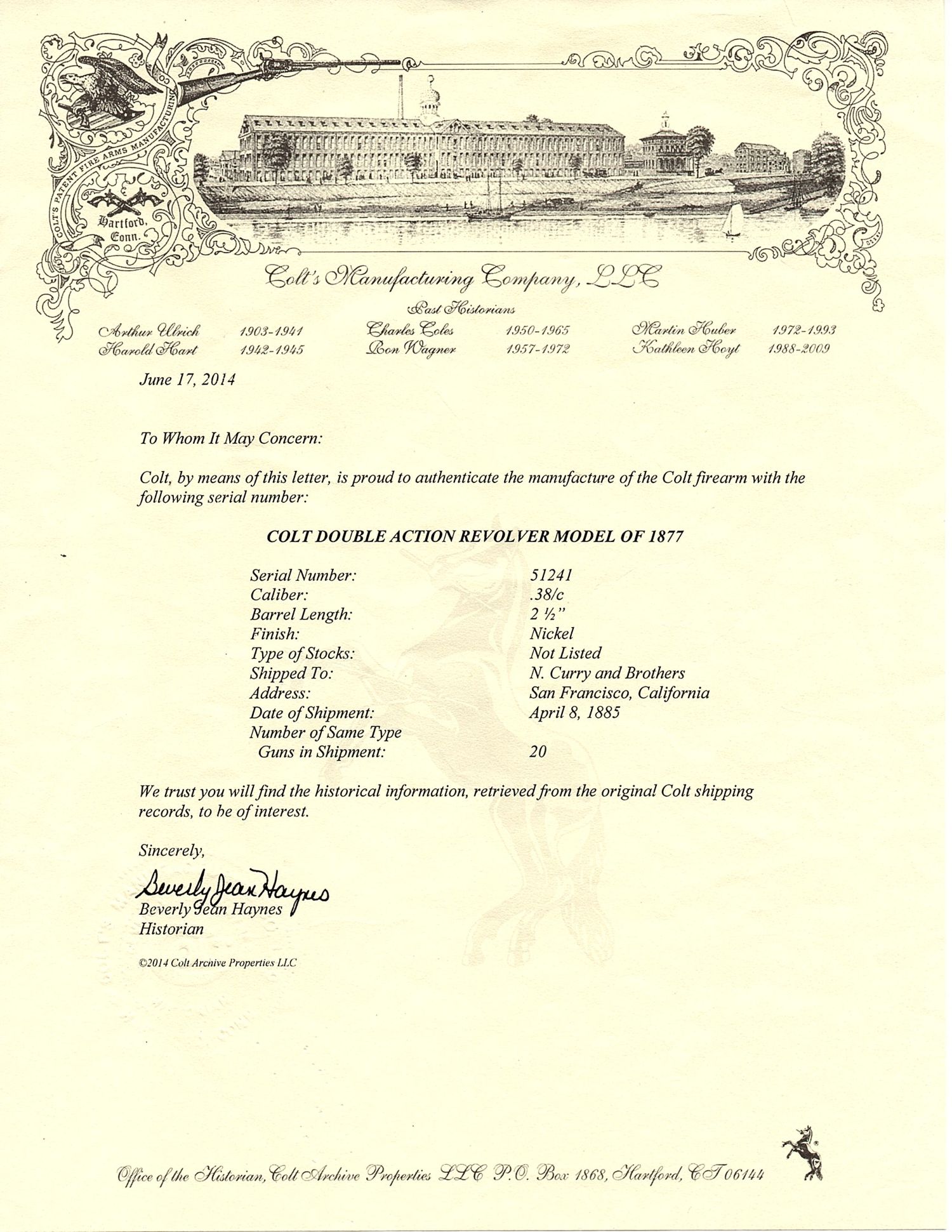 San Francisco Shipped Colt Model 1877 Revolver with Factory Letter 5.14 ...