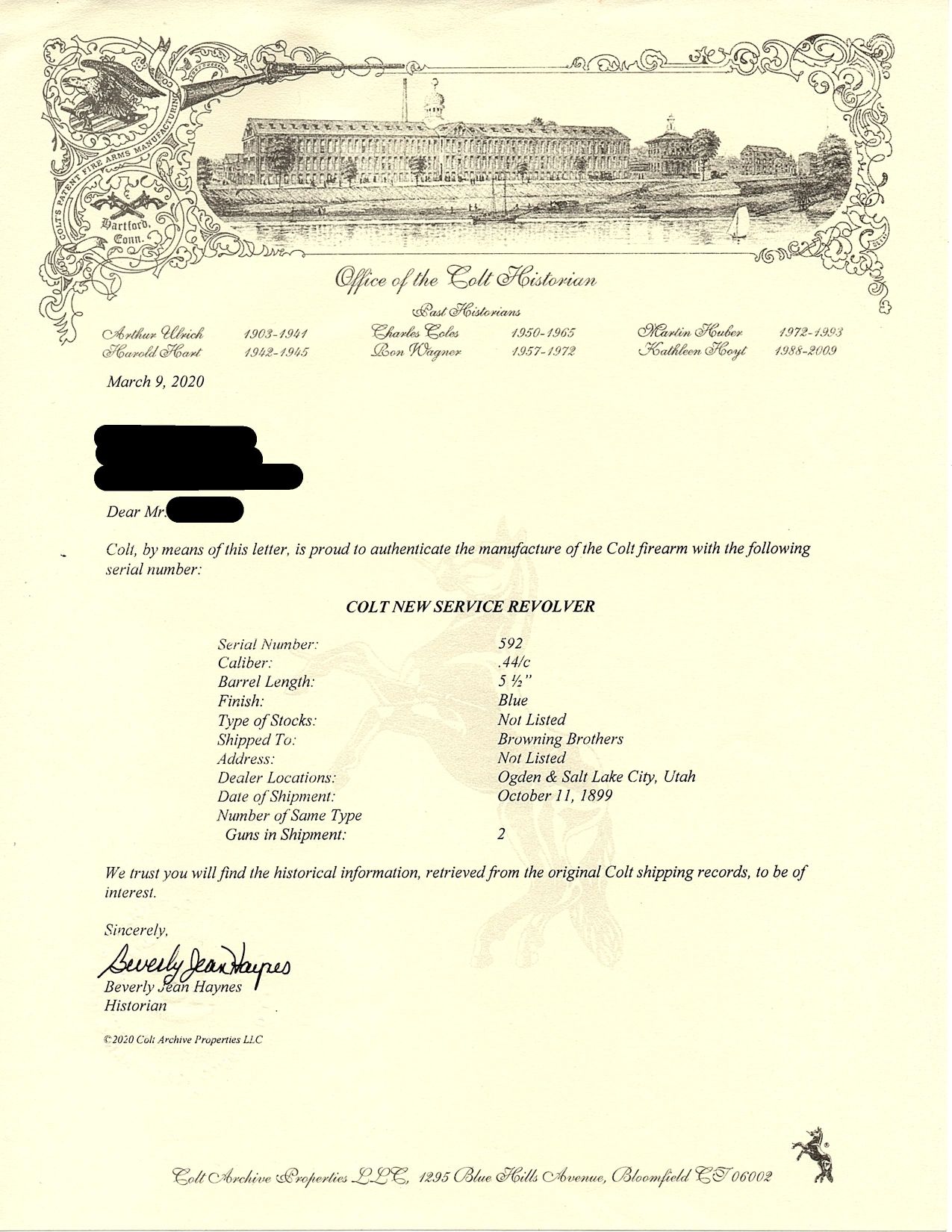 Browning Brothers Shipped Three Digit Serial Number Colt New Service ...