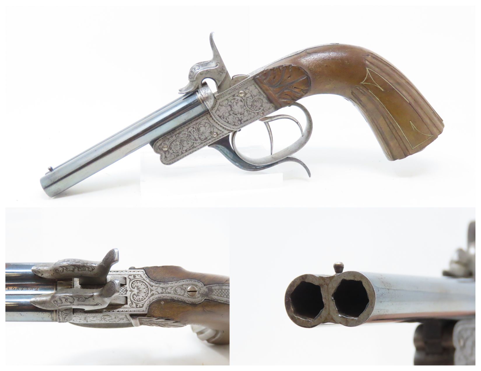 Engraved and Silver Inlaid Double Barrel Pinfire Pistol 8.24 C ...