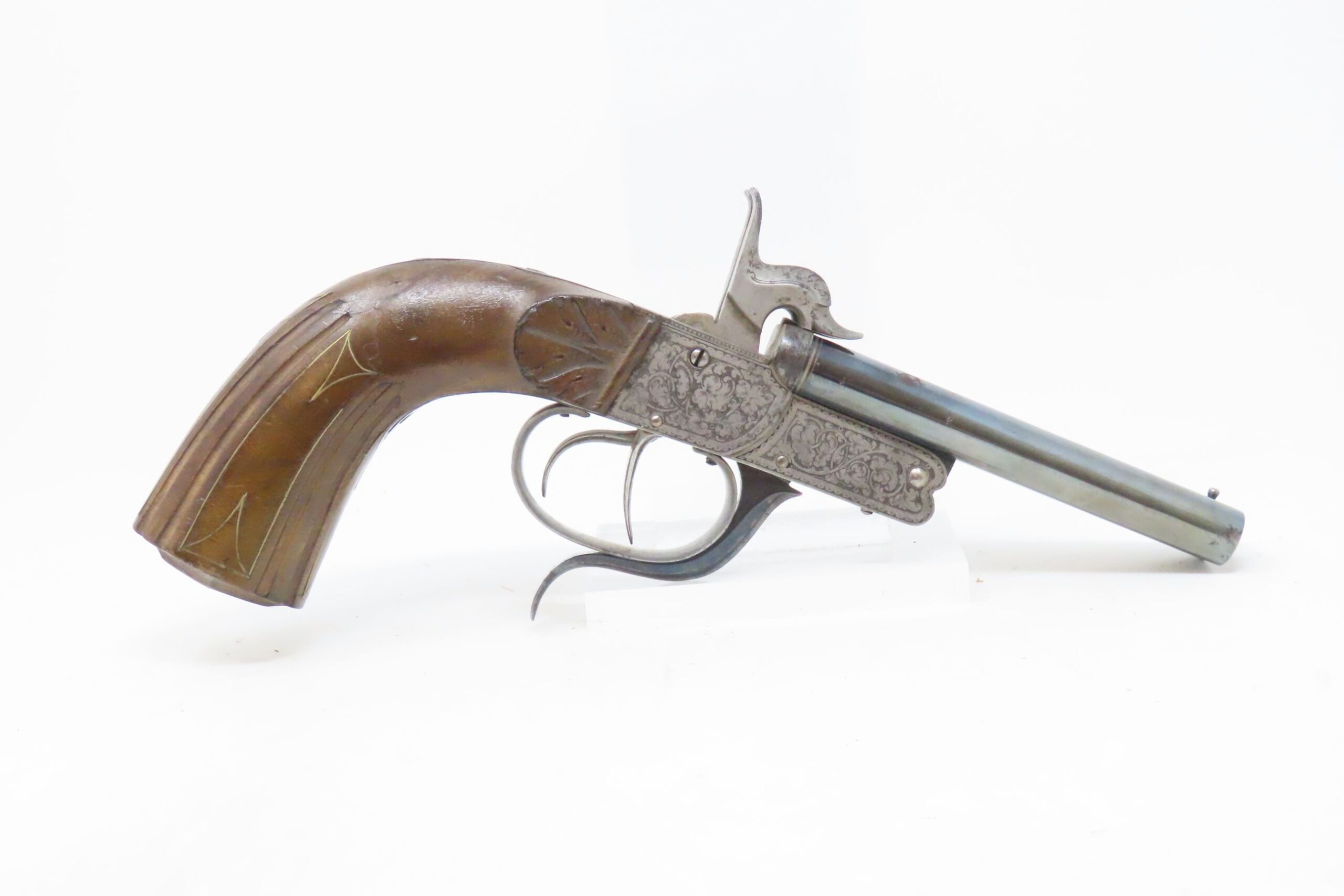 Engraved and Silver Inlaid Double Barrel Pinfire Pistol 8.24 C ...