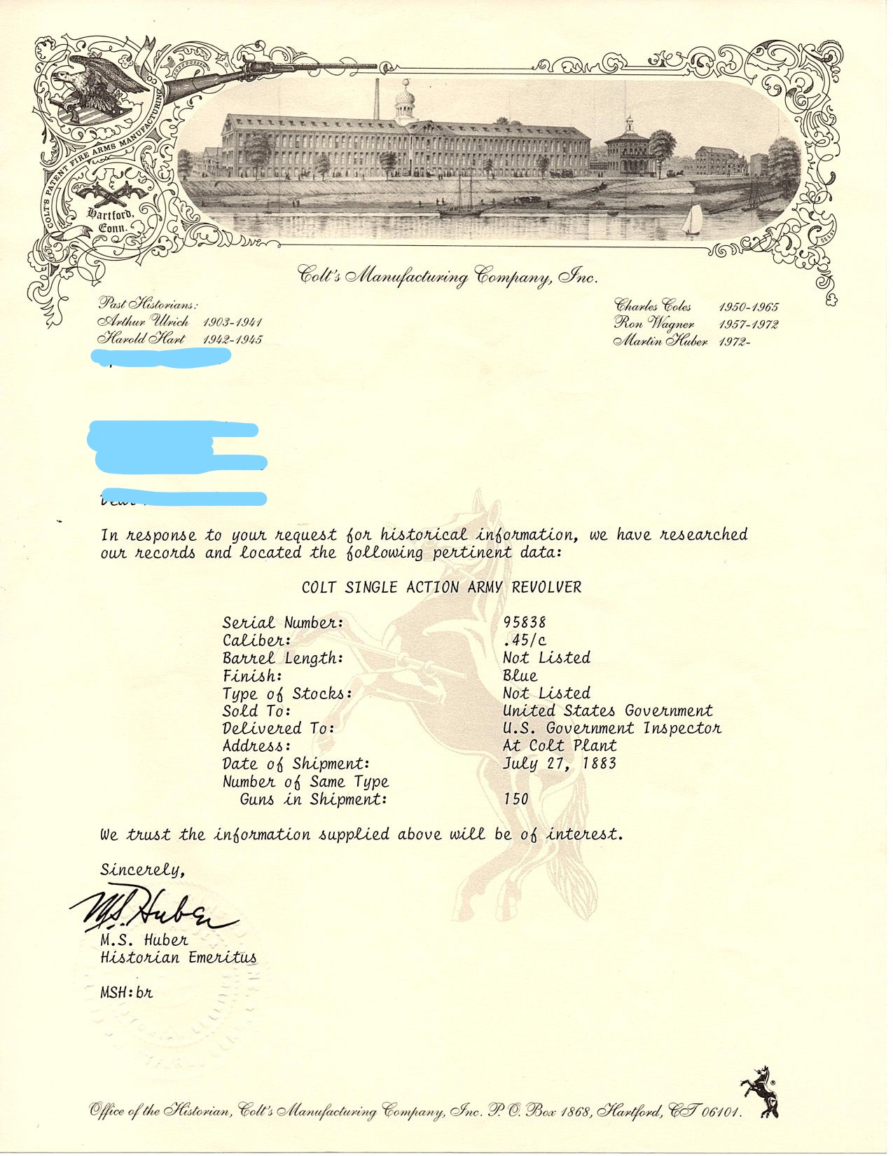 U.S. Colt Cavalry Model Single Action Revolver with Factory Letter 1.20 ...