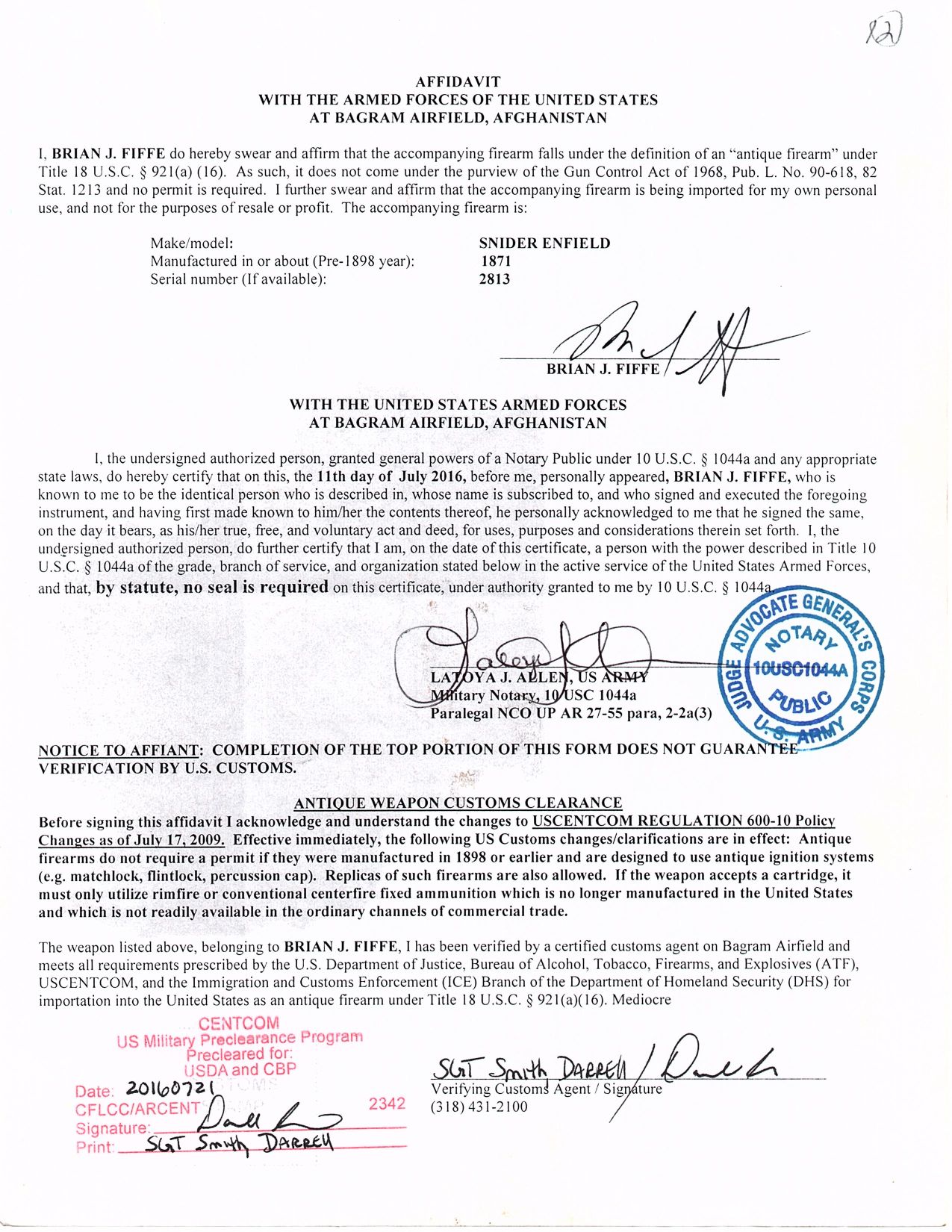 Enfield Snider Mk. III Rifle with Afghanistan Bring Back Paper 12.6 C ...