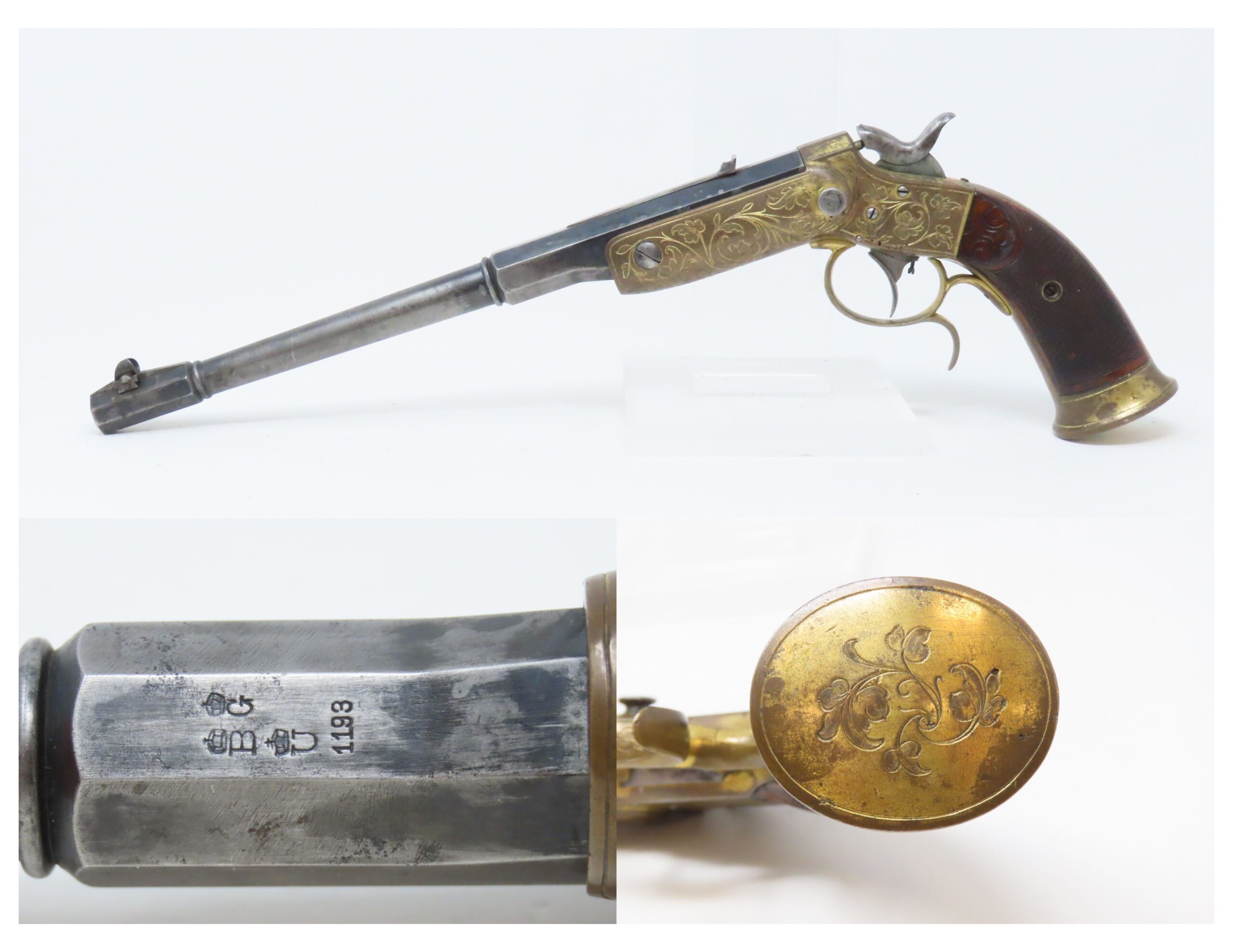 Engraved Gilt German Proofed Flobert Style Single Shot Parlor Pistol 1. ...
