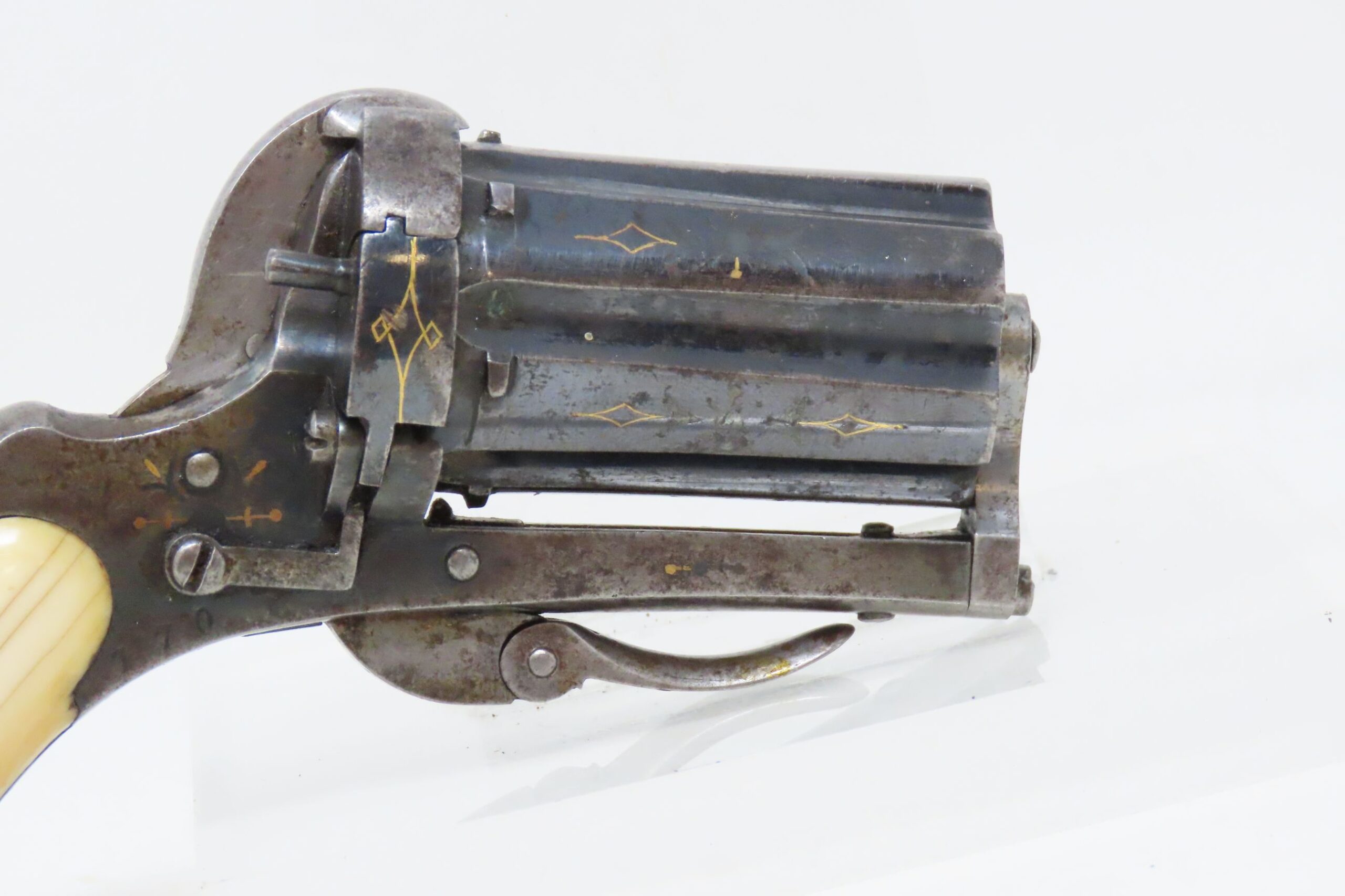 Gold and Silver Inlaid Liege Proofed Folding Trigger Pinfire Revolver 5 ...