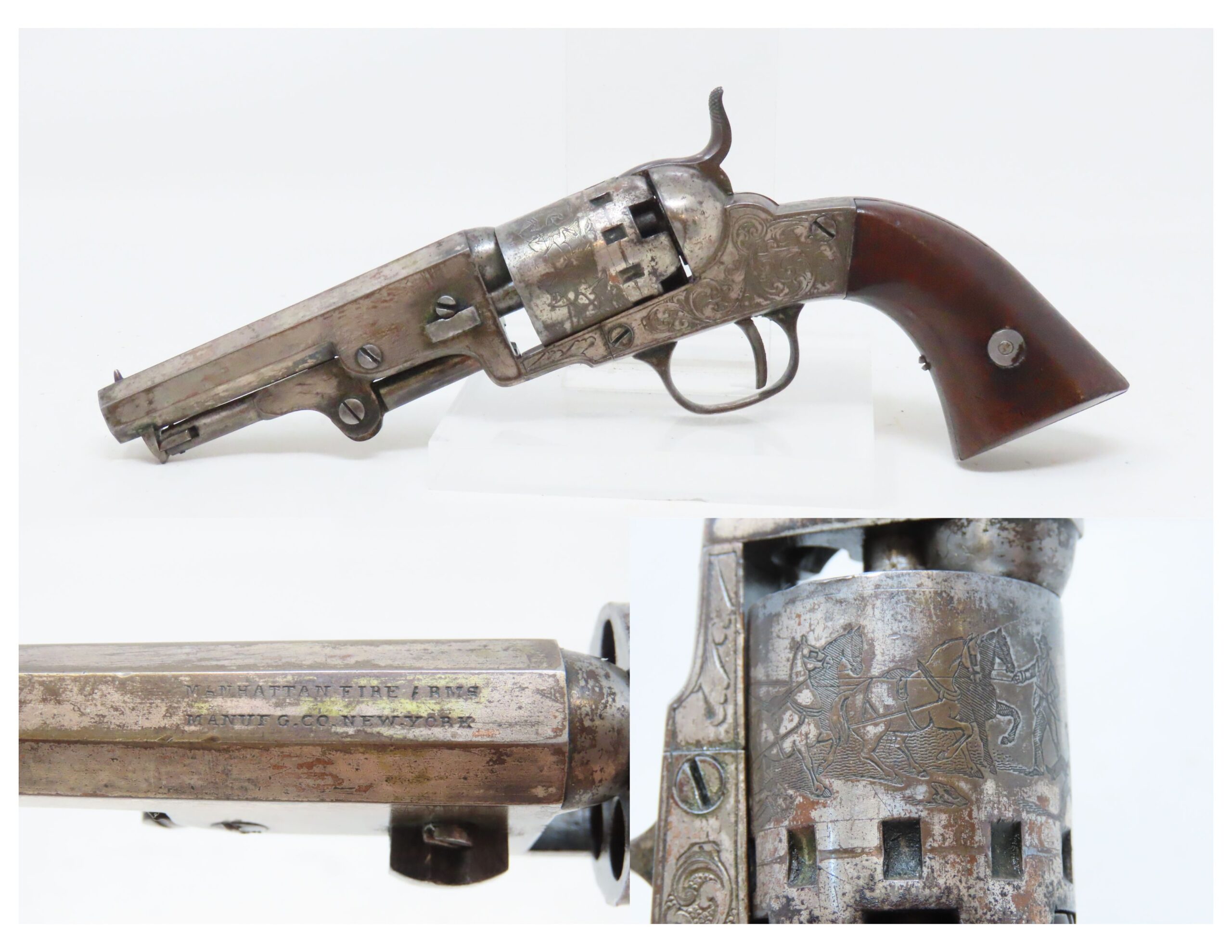 c1858 SCROLL ENGRAVED, SILVER PLATE Antique MANHATTAN POCKET Revolver ...