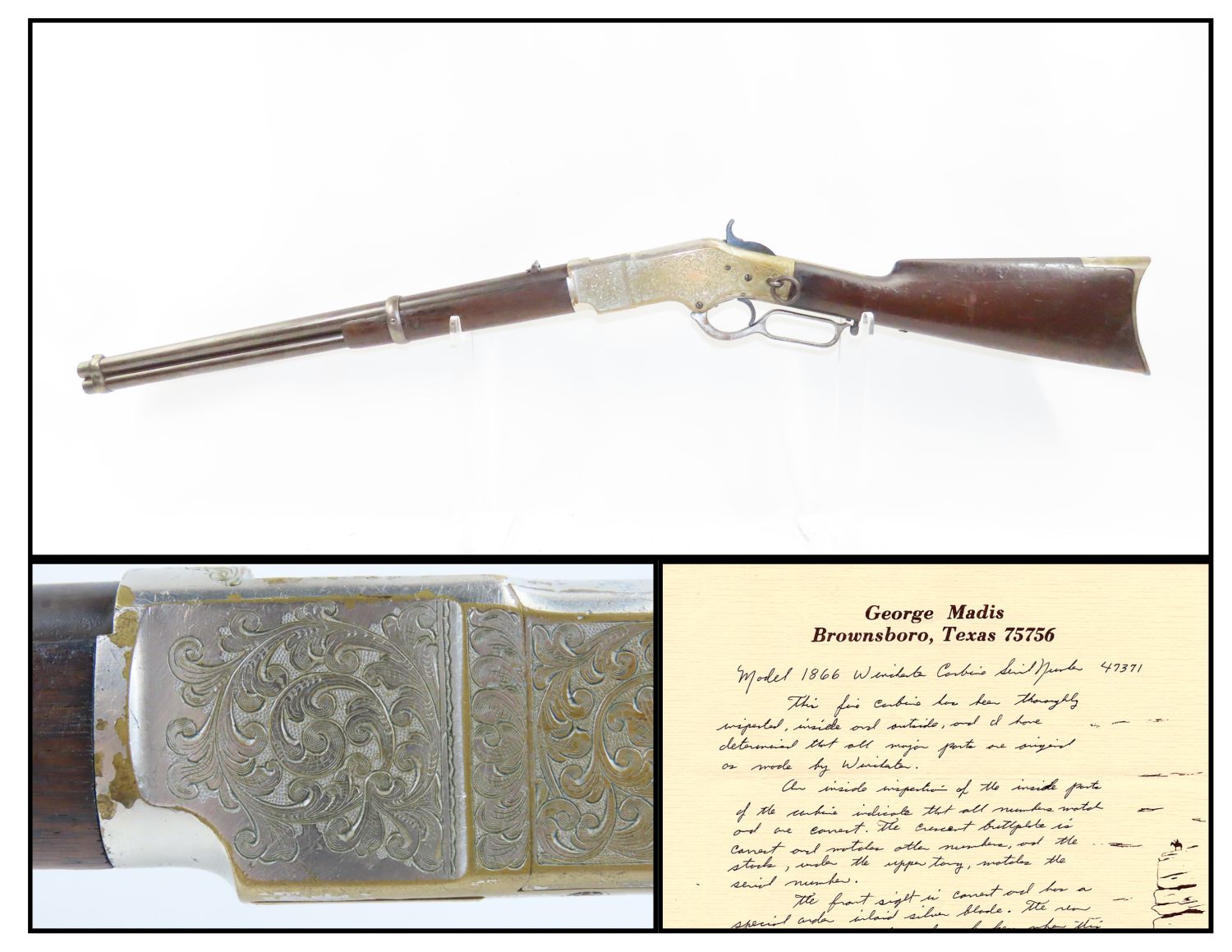 MADIS LETTERED, L.D. NIMSCHKE Engraved WINCHESTER Model 1866 Carbine ...