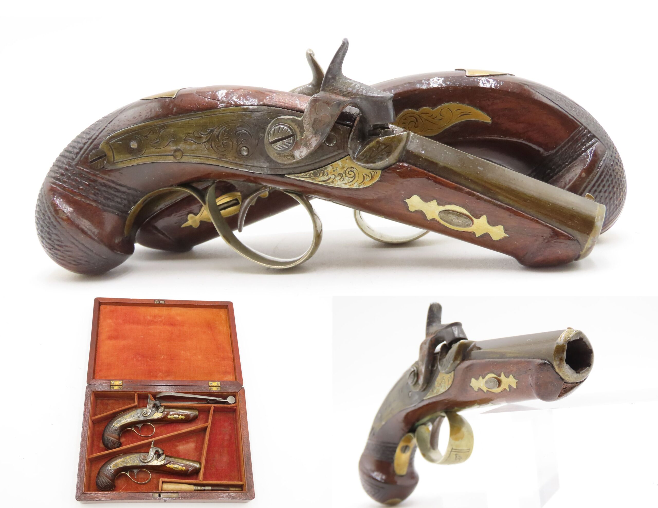 CASED PAIR of ENGRAVED/SILVER Mounted Antique DERRINGER Percussion ...