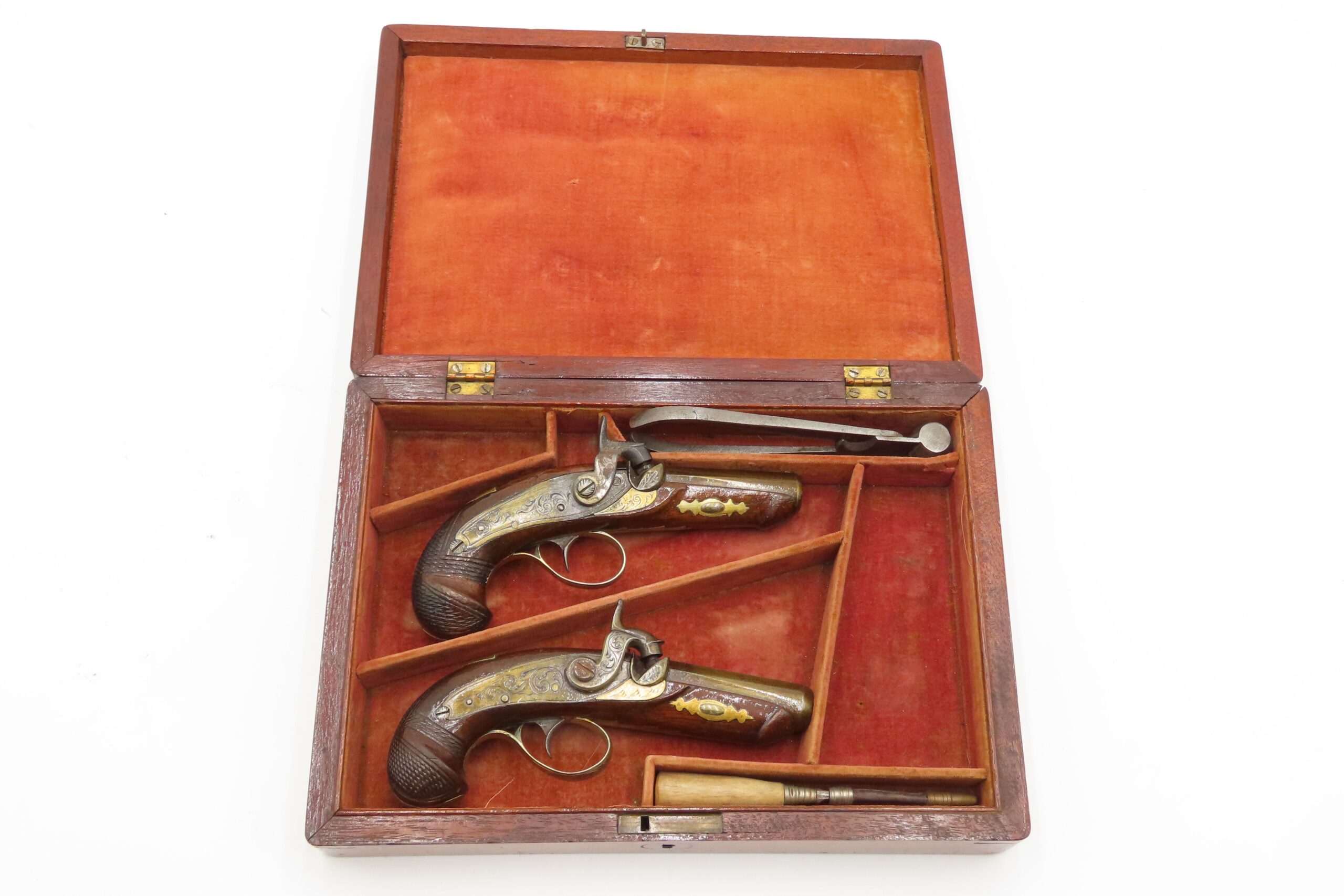 CASED PAIR of ENGRAVED/SILVER Mounted Antique DERRINGER Percussion ...